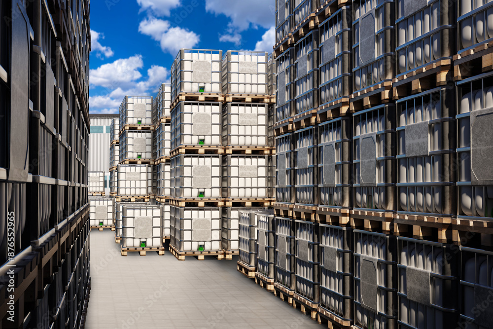 Street warehouse for liquid products. IBC containers in industrial area ...