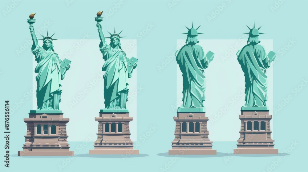 Four digital views of the Statue of Liberty from the front and back ...