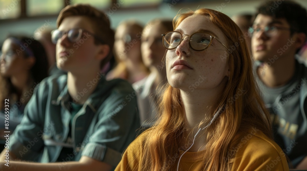 A photograph of students attentively listening in a lecture hall ...