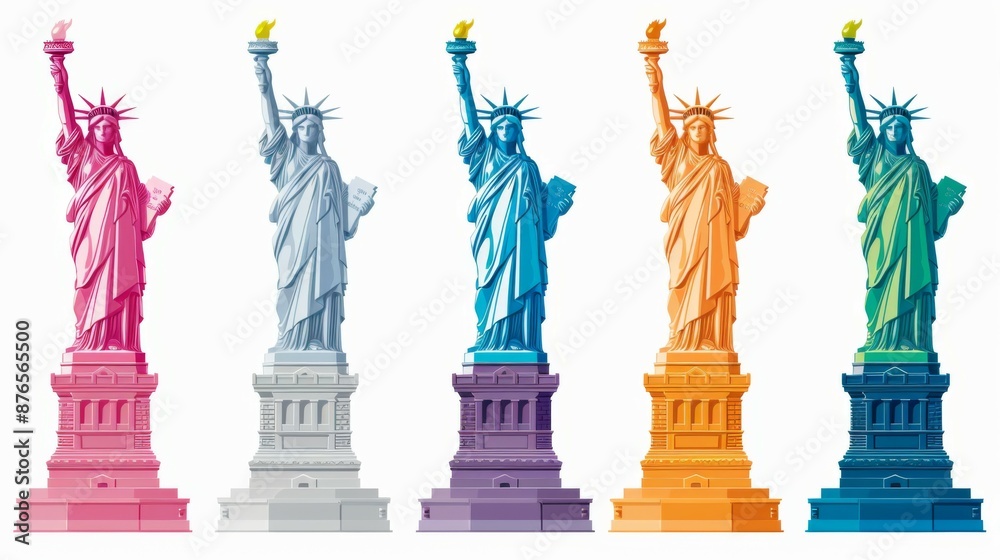A lineup of five Statues of Liberty in varying vibrant colors ...