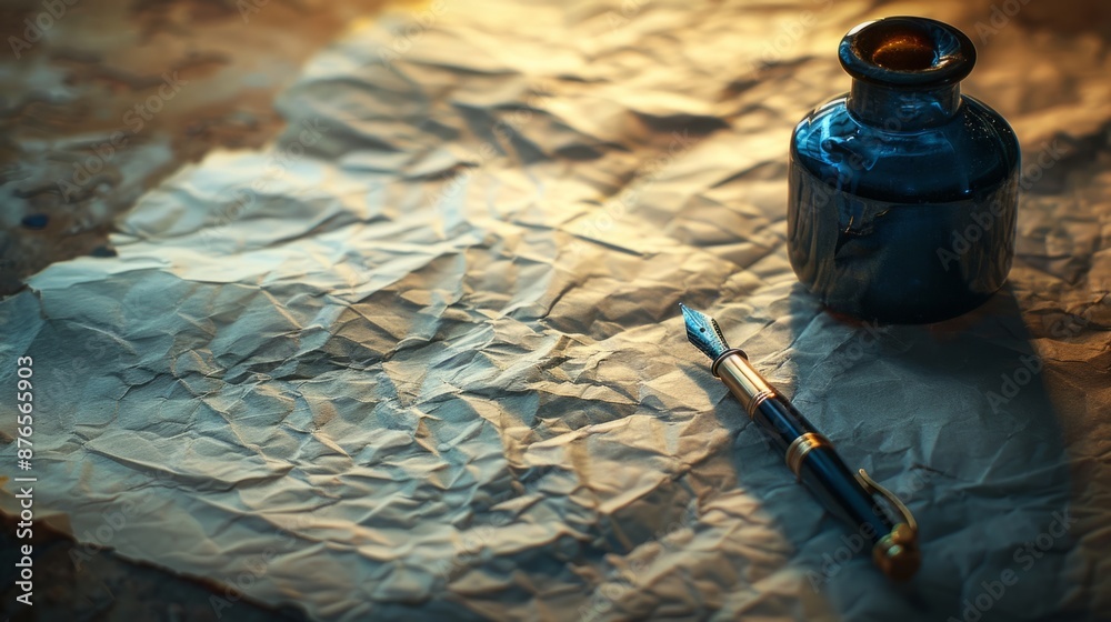 fountain pen and inkwell on crumpled paper generative ai Stock ...