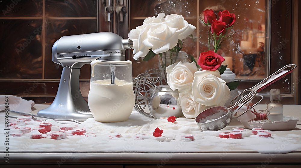 Silver kitchen mixer, white roses, red roses, and white powdered sugar ...