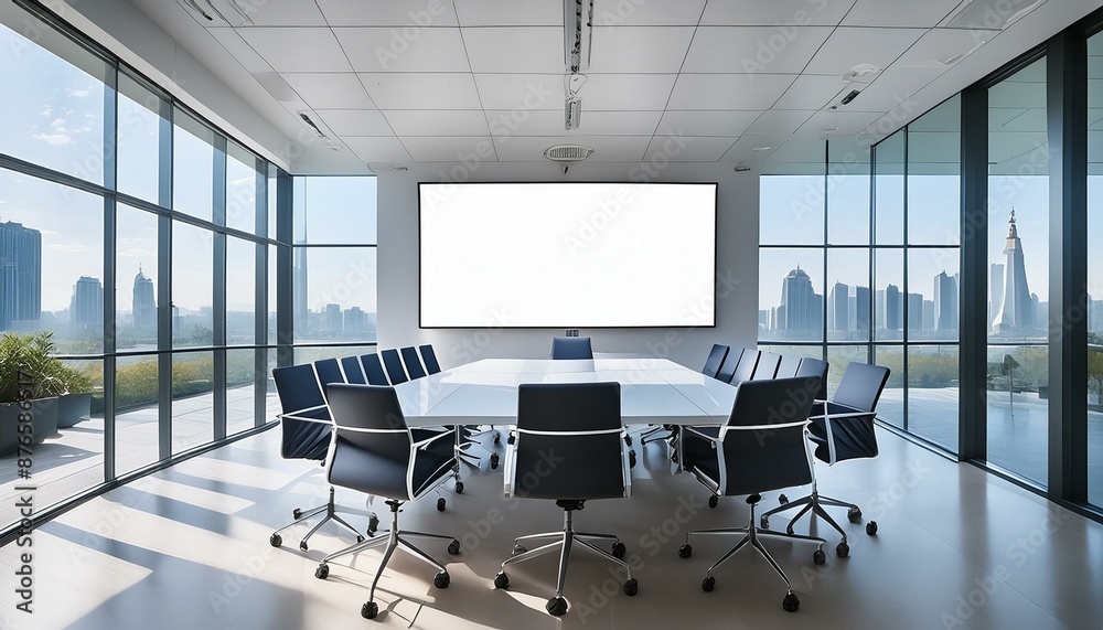A white screen mockup in a sleek, modern conference room with glass ...