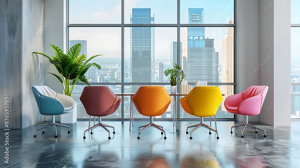White meeting room interior with colourful chairs and plant on grey ...
