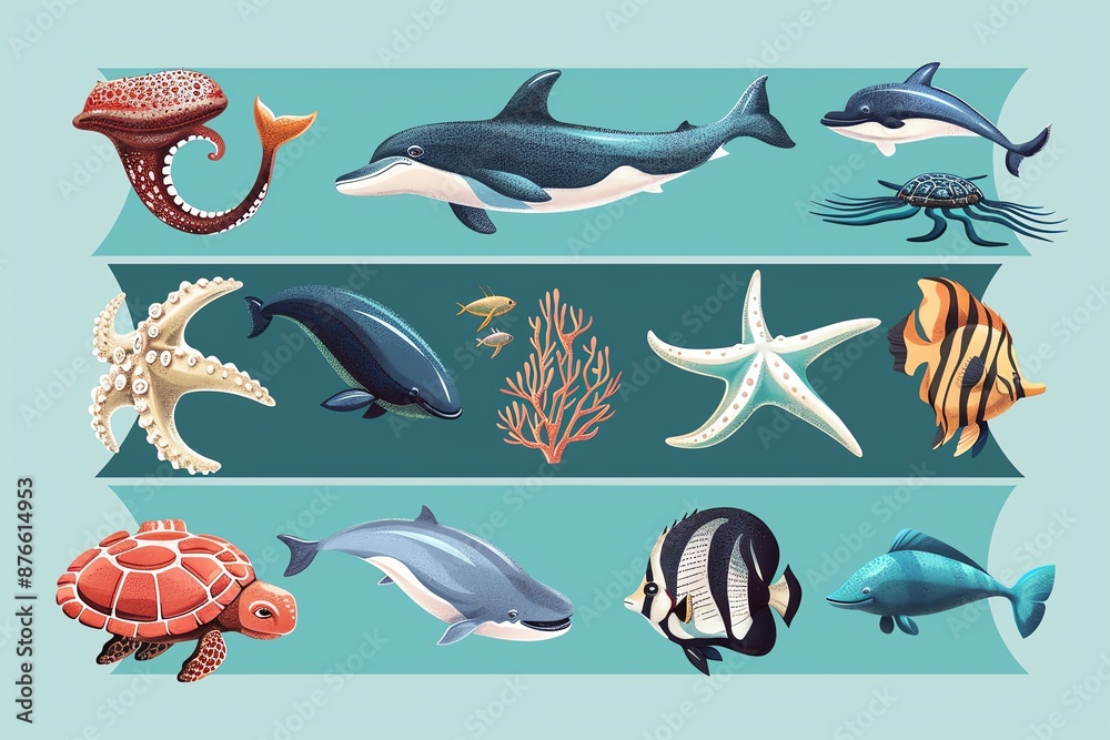 sea animals vector flat design side view deep sea creatures theme ...