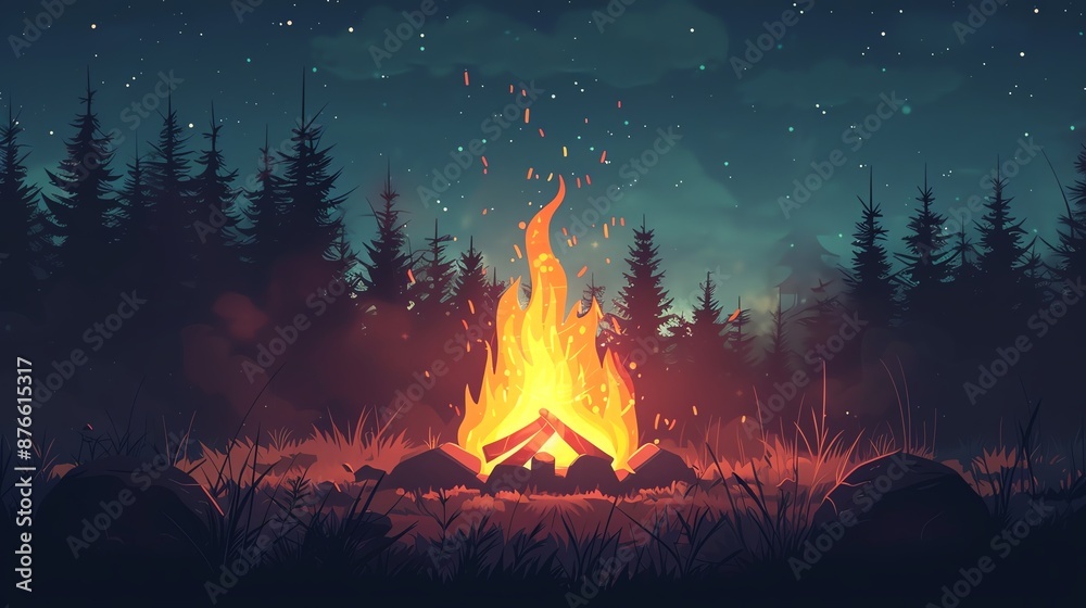camp fire the forest vector flat design side view woodland adventure ...
