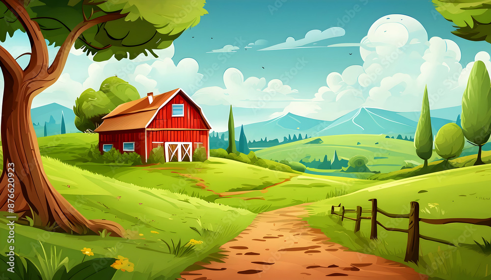 Cartoon farm scene with a classic red barn and silo Idyllic cartoon ...