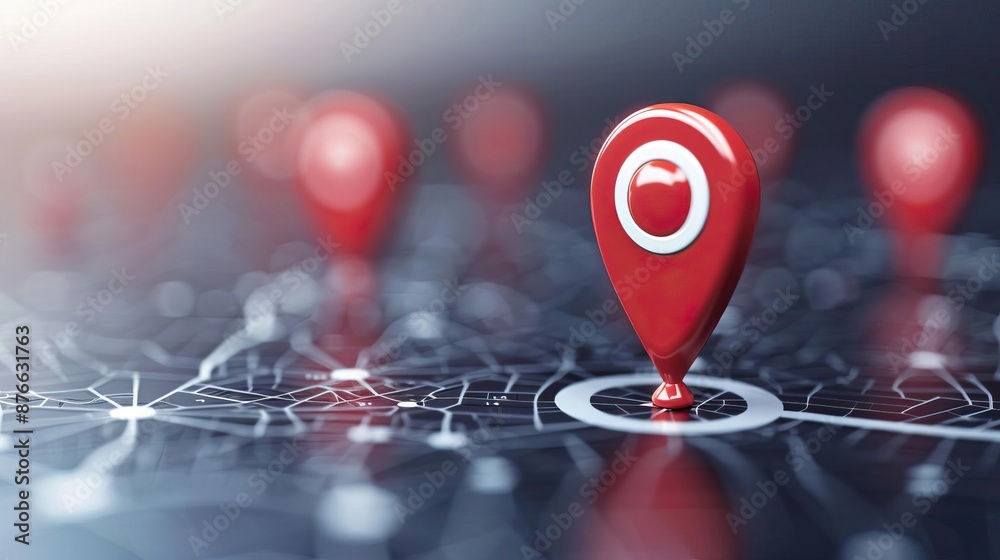 Red location pin on a digital map representing GPS navigation and ...