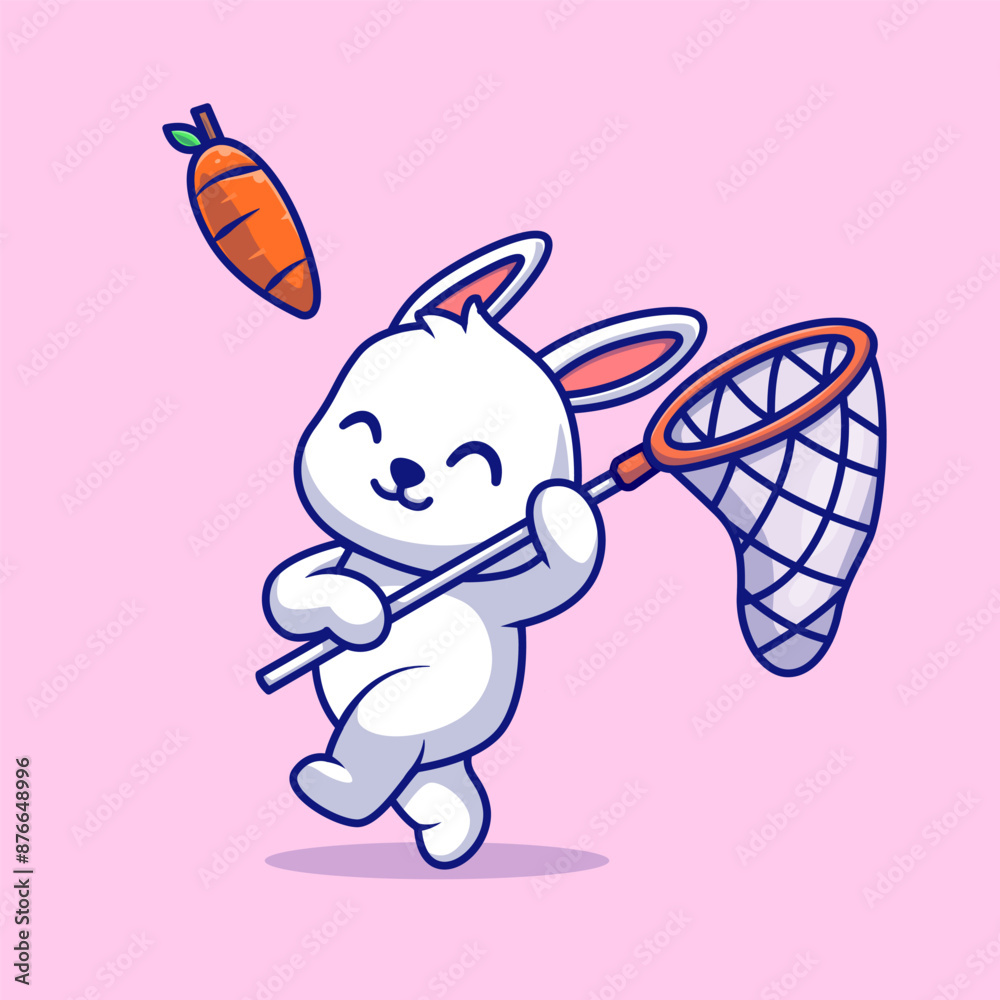 Cute Rabbit Catching Carrot With Fishing Net Cartoon Vector Icon ...