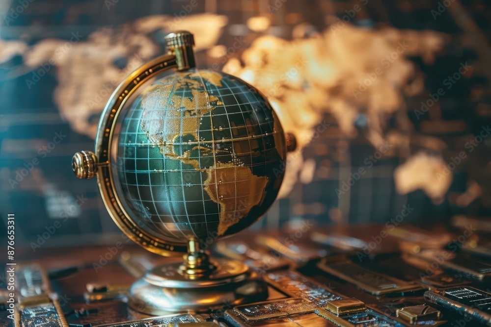 Vintage globe with a detailed world map in the background, depicting an ...