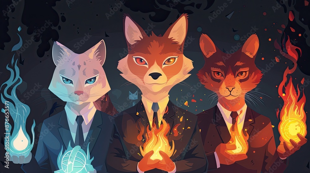 Three anthropomorphic animals in suits, holding different types of fire ...