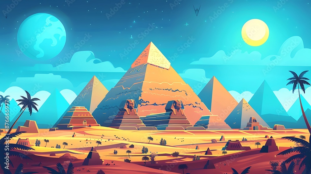 Ancient Egyptian Pyramids and Sphinxes Under a Blue Moon and Yellow Sun ...