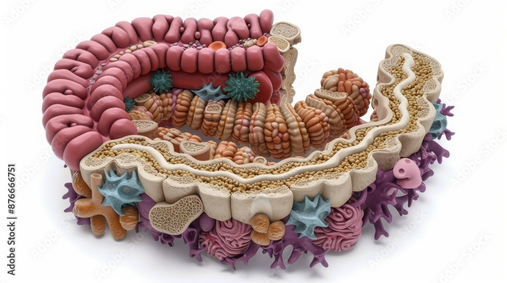 Detailed anatomical model of the human digestive system showing ...