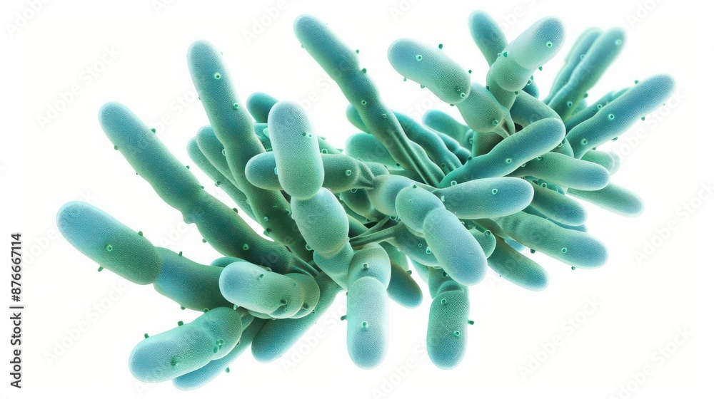 Magnified green bacteria on a white background, showcasing the ...