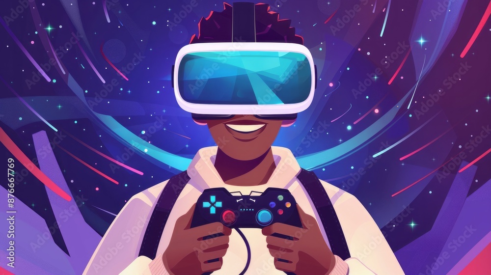 Foto de Virtual reality Man Gamer hands holding gaming console ...