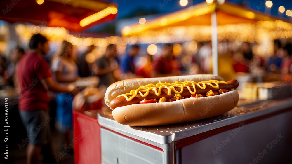 hot dog stand at a bustling fair, showcasing a hot dog with all the ...