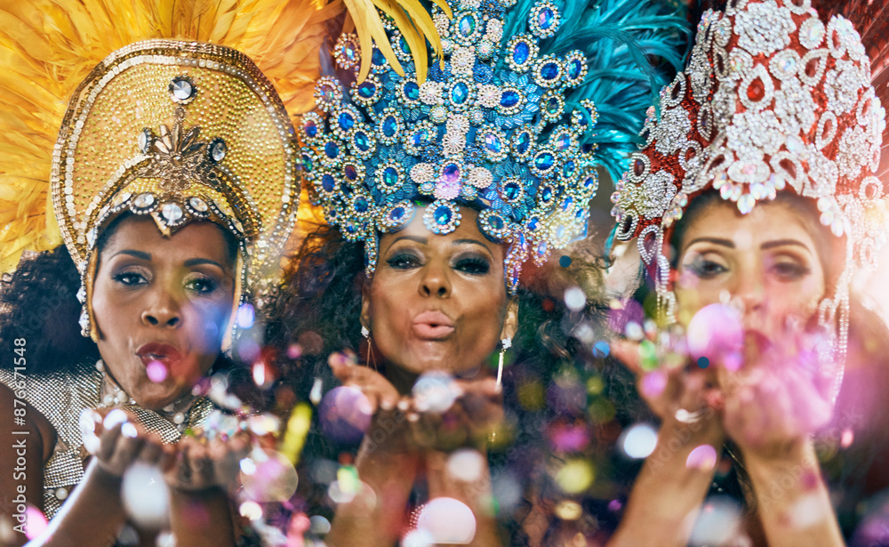 Carnival, confetti and portrait of women in Brazil with costume ...