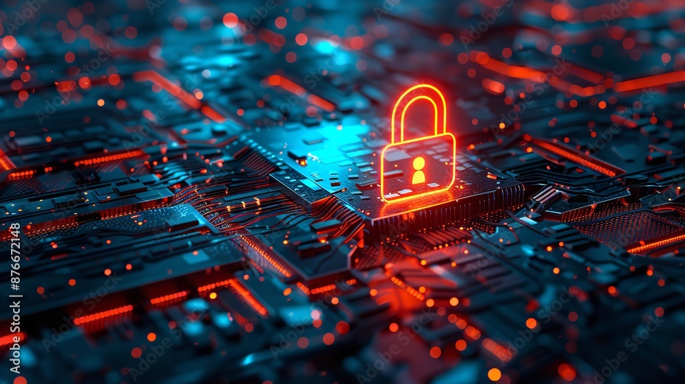 Locked Data Files, screen displaying a series of file icons lock symbol. Digital interface ...