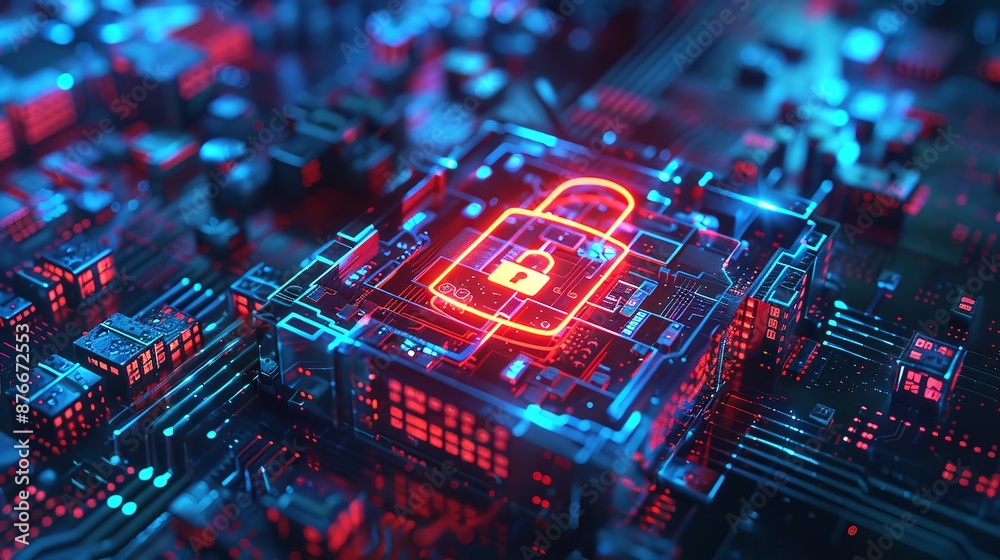 Locked Data Files, screen displaying a series of file icons lock symbol. Digital interface ...