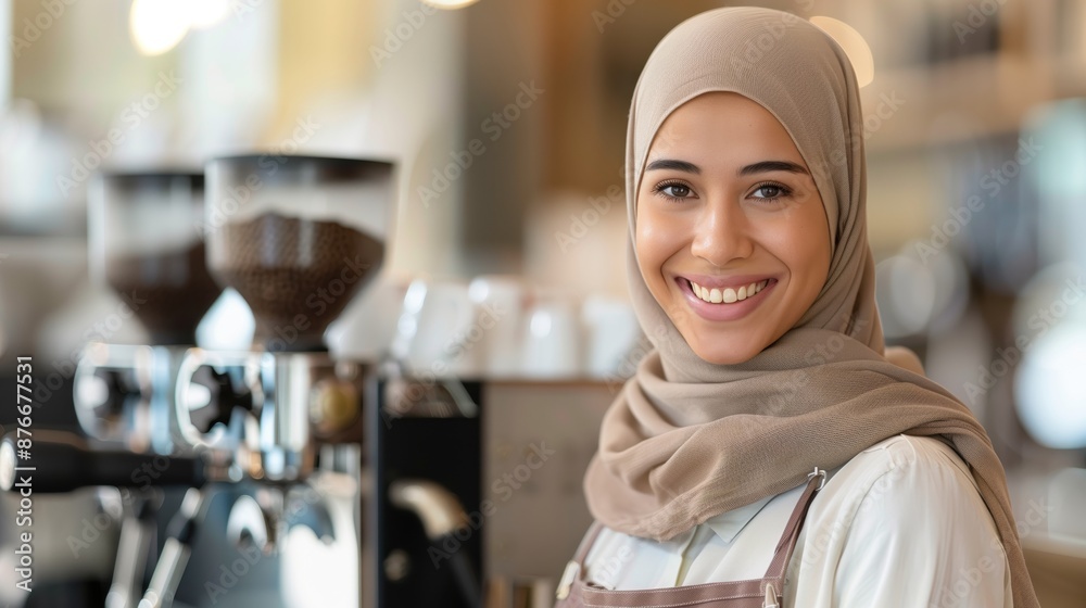 Smiling Muslim Barista with Coffee Grinder. Young Muslim woman, wearing ...