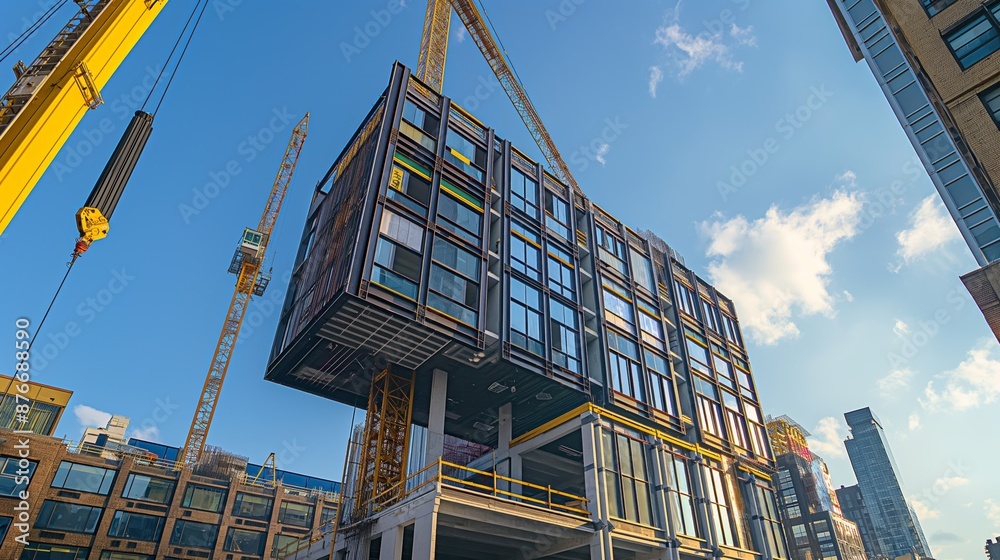 High-rise modular building under construction with cranes. Concept of ...