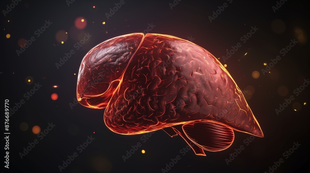 3D Illustration of a healthy human liver with glowing particles ...