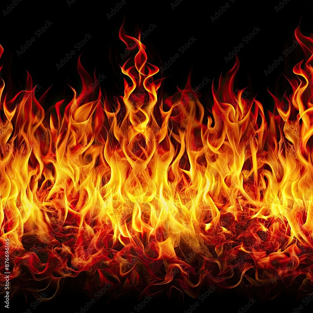 Intense red and yellow fire flames create a Seamless border on a black ...