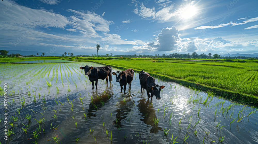 Cows wading through a flooded rice paddy field under a sunny blue sky ...