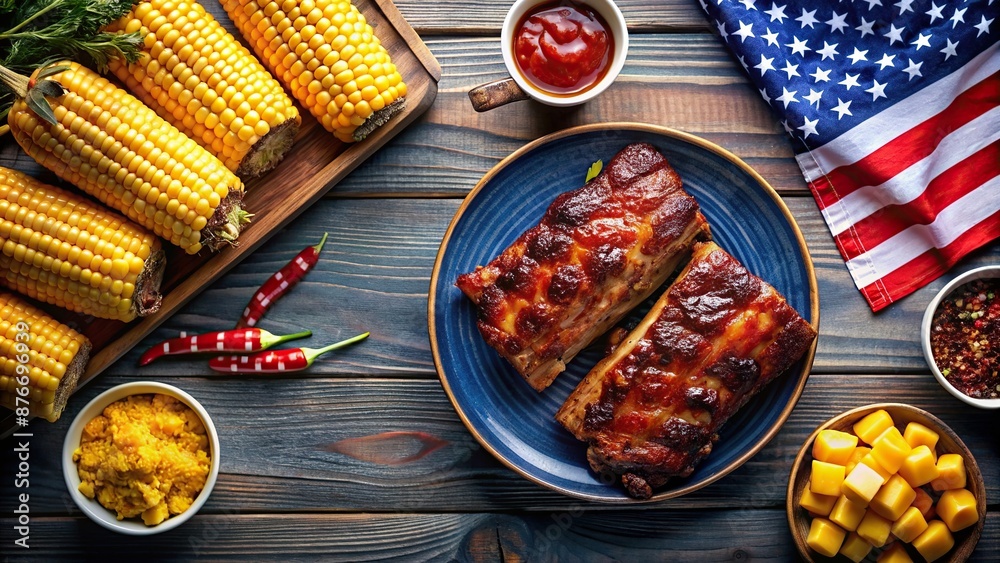 Fourth of July feast featuring glazed barbecue ribs and corn on the cob ...