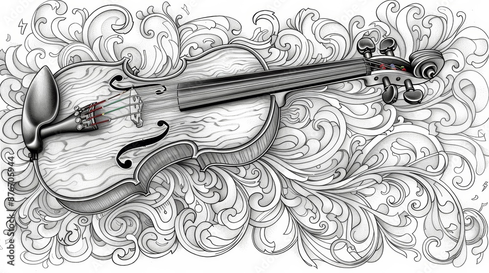 A detailed coloring page of a violin, featuring intricate scrollwork ...