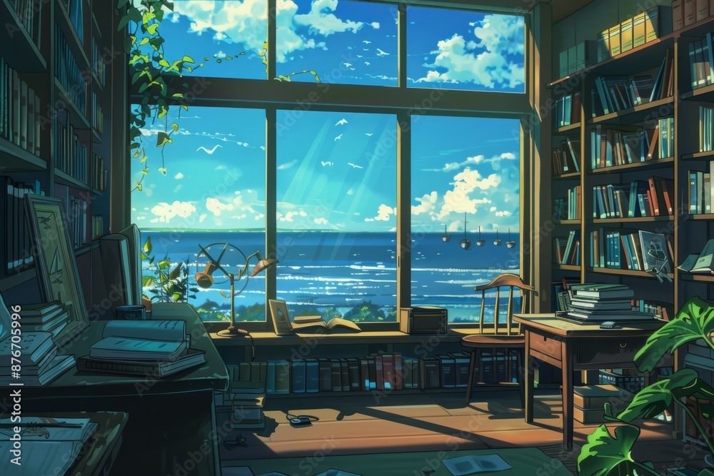 A quiet coastal library with books on maritime history and a view of ...