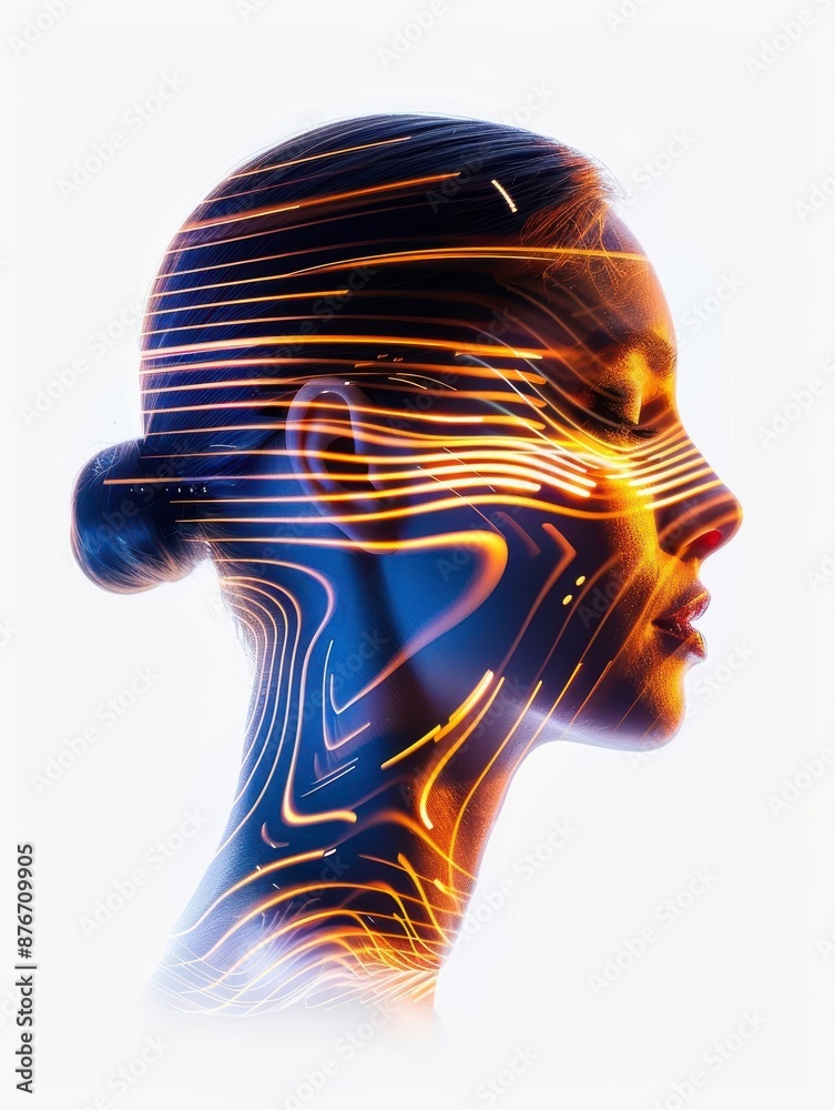 Profile of a futuristic digital artwork of a woman's head with colorful ...