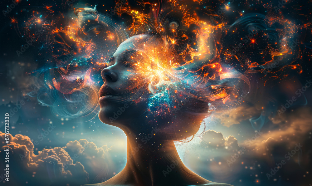 Woman Immersed in Cosmic Thoughts at Night, Depicting Subconscious Mind ...