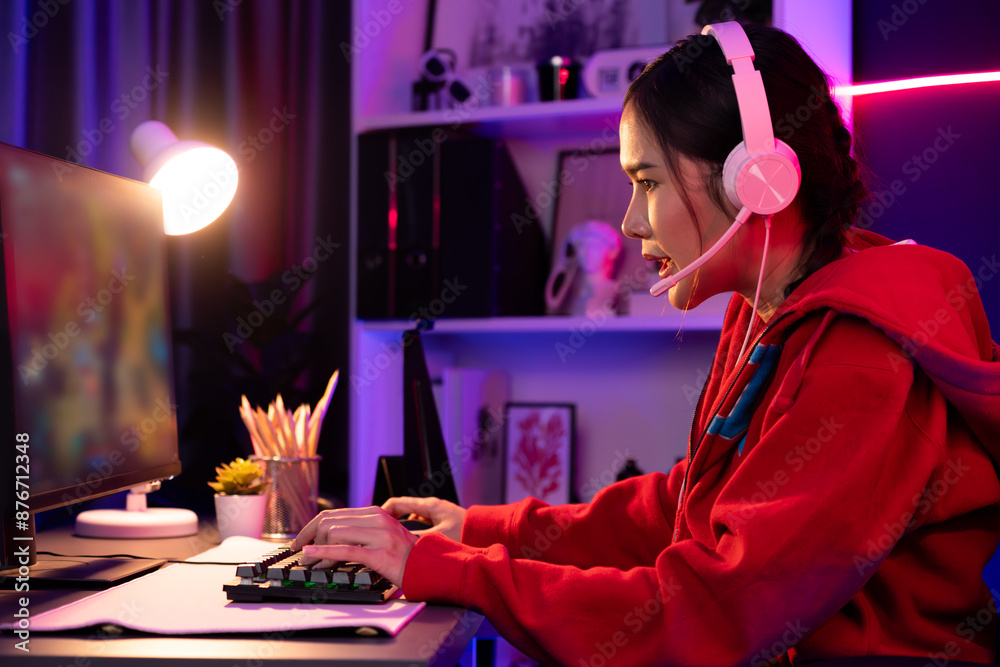 Host channel of young beautiful Asian gaming streamer playing fighting ...