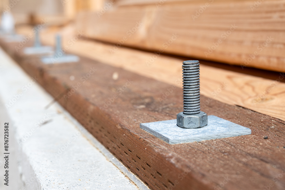 New home construction detail,cement foundation with wood sill plate and ...