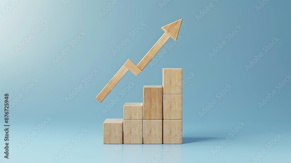Shining rise up arrow on wooden cube blocks bar graph chart steps on blue background Stock Photo ...
