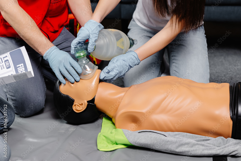 Woman holding breathing bag Ambu bag.Demonstrating CPR Cardiopulmonary ...