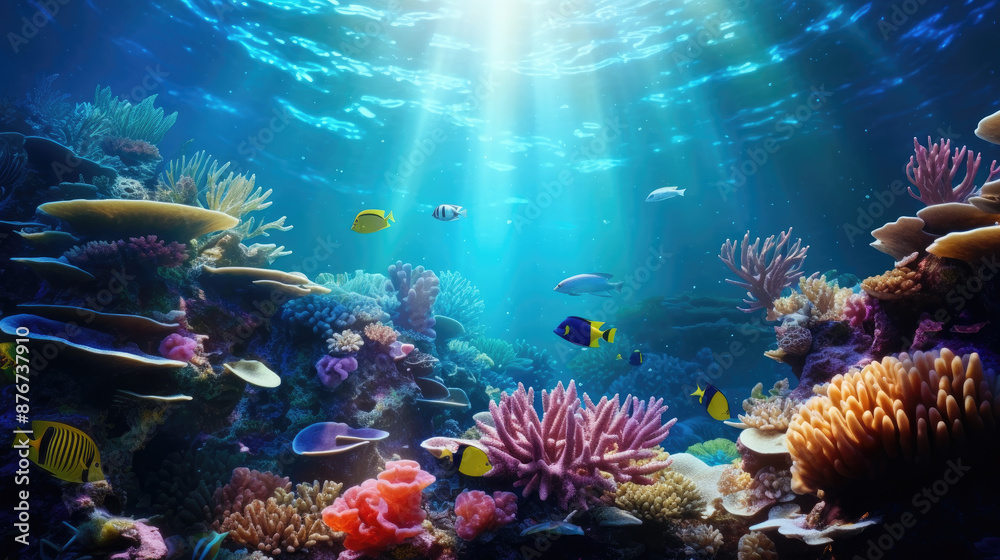 Underwater with colorful sea life fishes and plant at seabed background ...