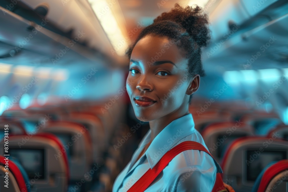 African American woman working as flight attendant. Female airplane ...