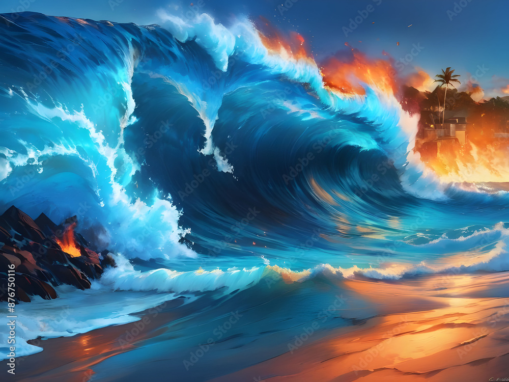 The beach, the water receding is on fire like an oil fire, one huge ...