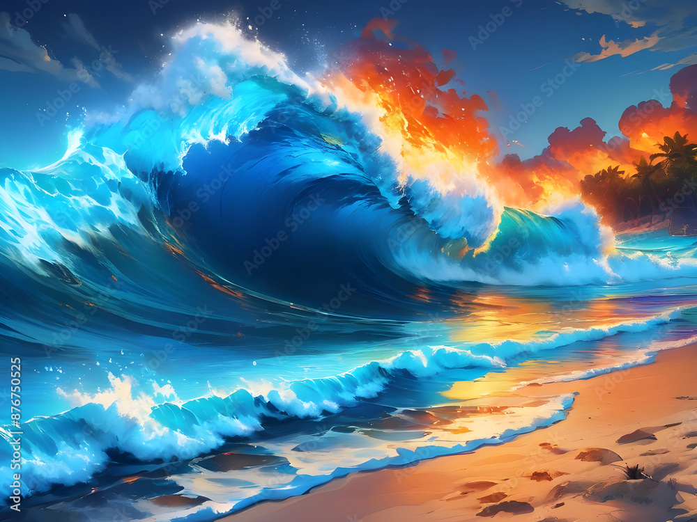 The beach, the water receding is on fire like an oil fire, one huge ...