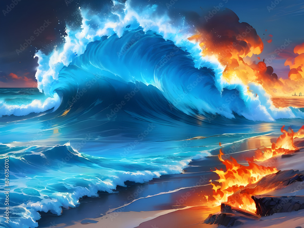 The beach, the water receding is on fire like an oil fire, one huge ...