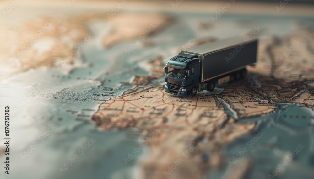 Miniature truck model placed on a detailed map, representing global ...