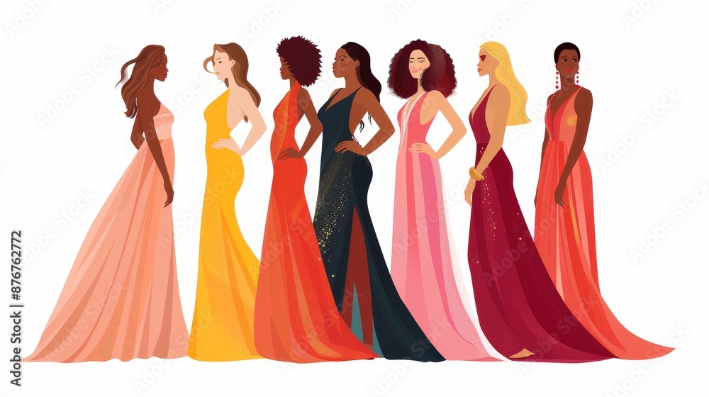 Diverse, stunning women in elegant gowns, representing various races ...