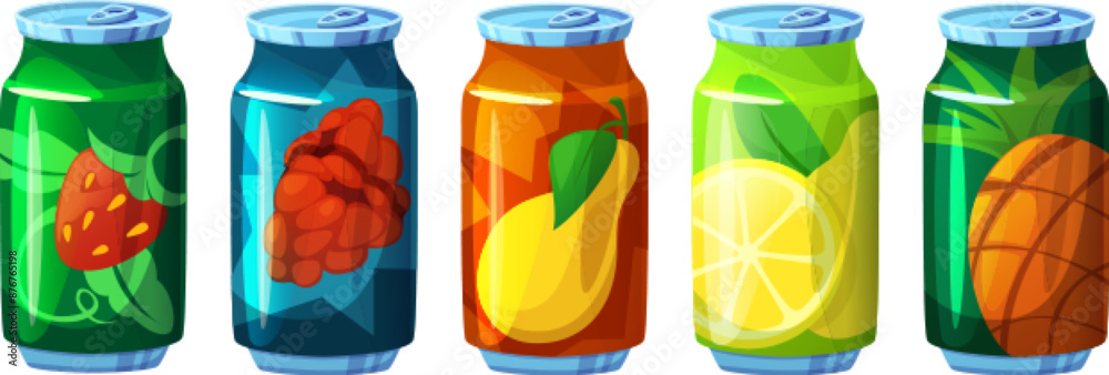 Fruit and berry carbonated soda in tin can. Assorted cool fizzy juice ...