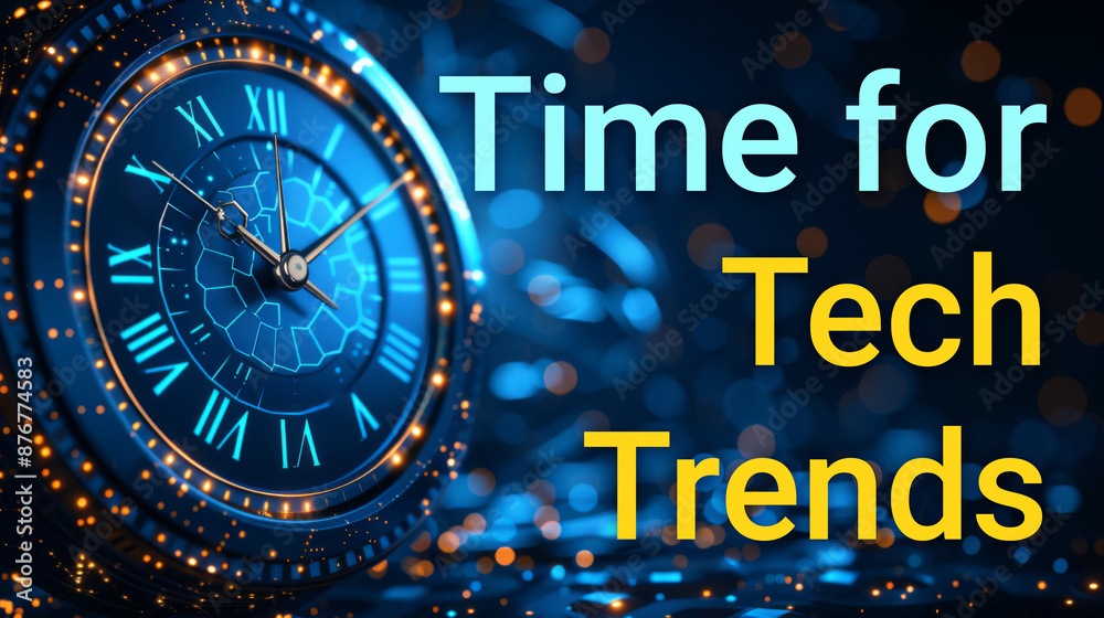 Time for Tech trends text next to a futuristic neon clock on a dark ...