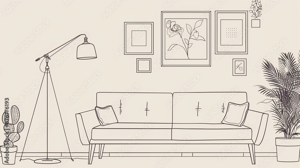 Hand-drawn single-line artwork of a modern living room with a sofa ...
