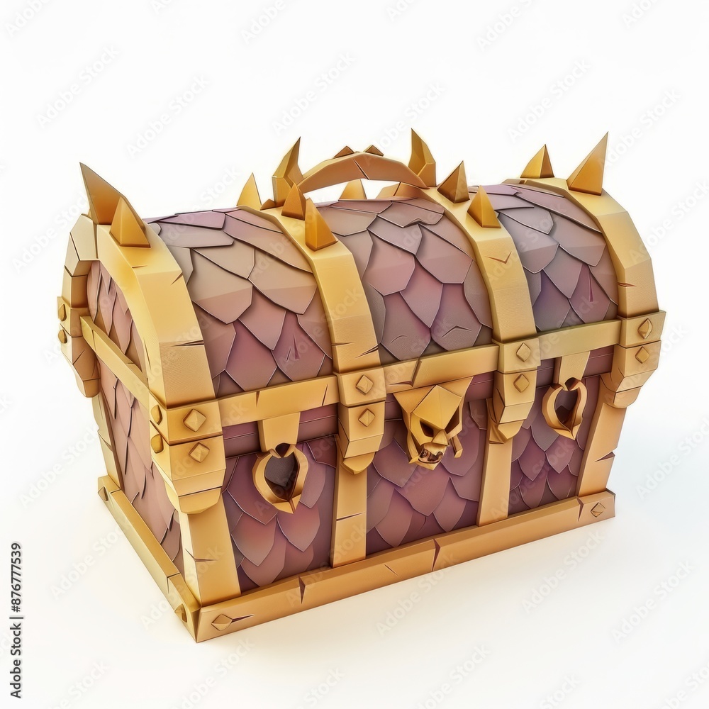 3D Render, Low Poly style of a dragon-themed chest with scales and claw ...