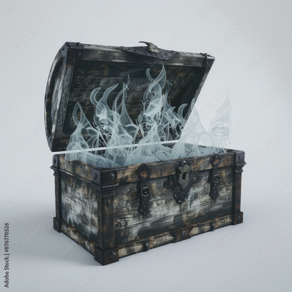 3D Render, Low Poly style of a haunted chest with eerie ghostly figures ...