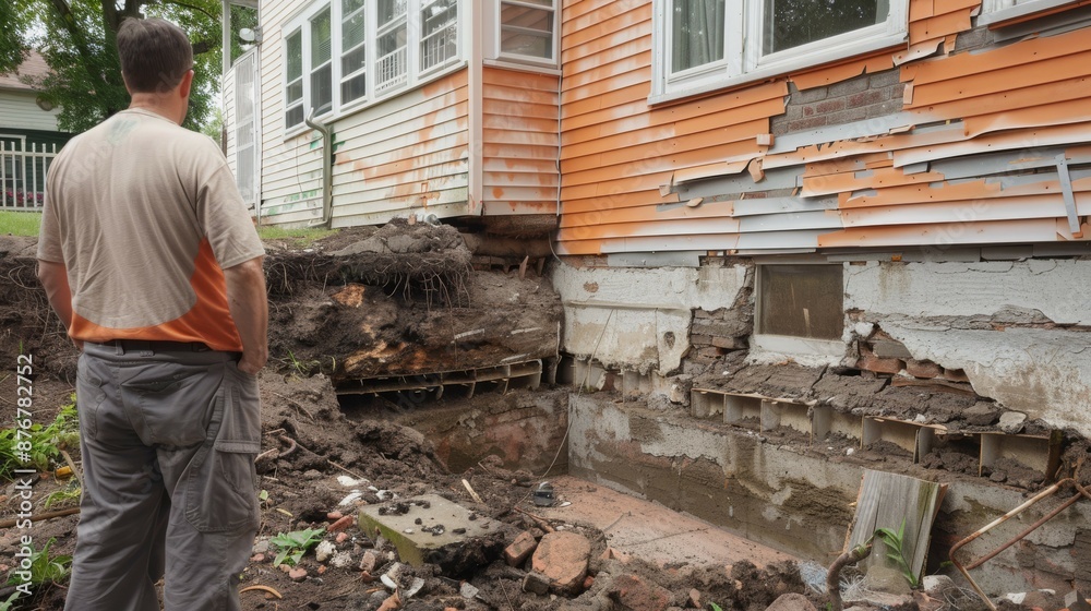 A homeowner observes extensive damage and erosion around the foundation ...